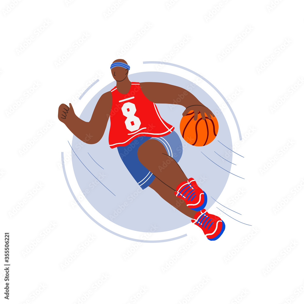 Basketball player flat hand drawn vector illustration. Athlete hitting ...