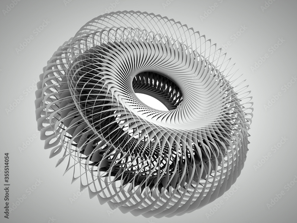 3d render of black and white monochrome abstract art of surreal turbine ...