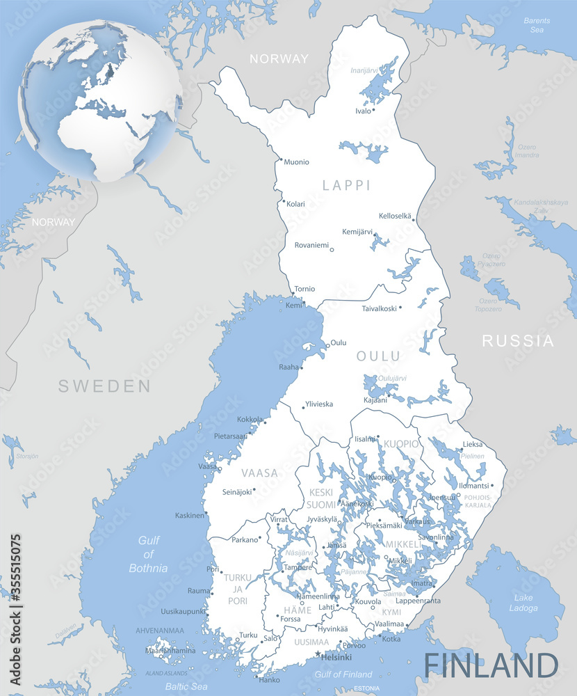 Blue-gray detailed map of Finland administrative divisions and location ...