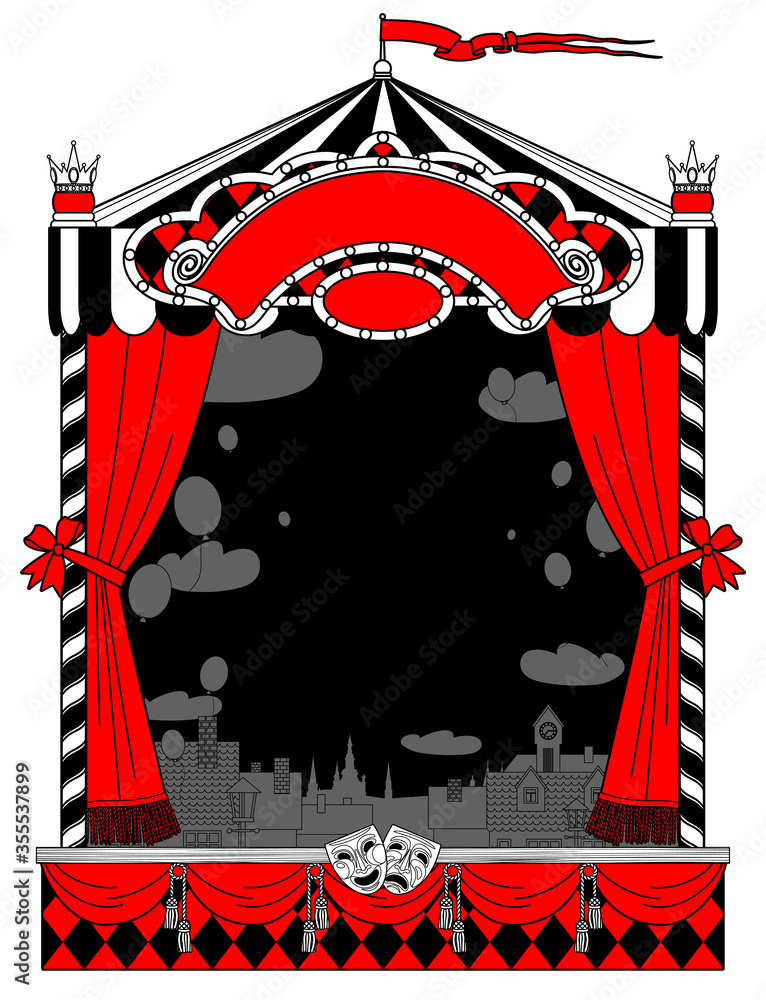 Puppet show booth with theater masks, curtain, signboards and city view ...