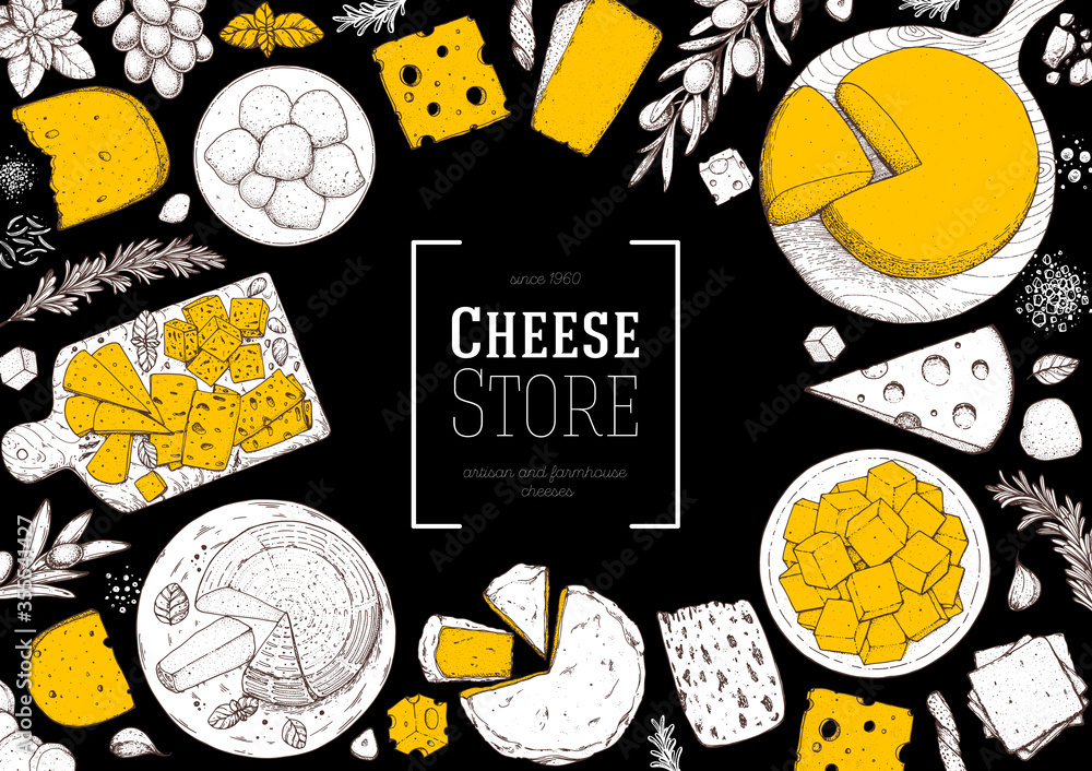Cheese design template. Hand drawn sketch. Retro food background. Different cheese kinds banner ...