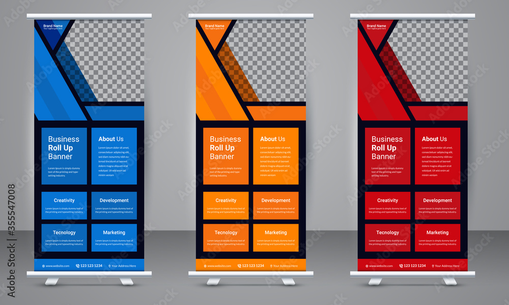 Corporate business Roll up banner template design with three color ...