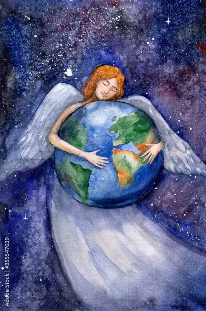 Watercolor drawing. Angel hugging the earth. Stock Illustration | Adobe ...