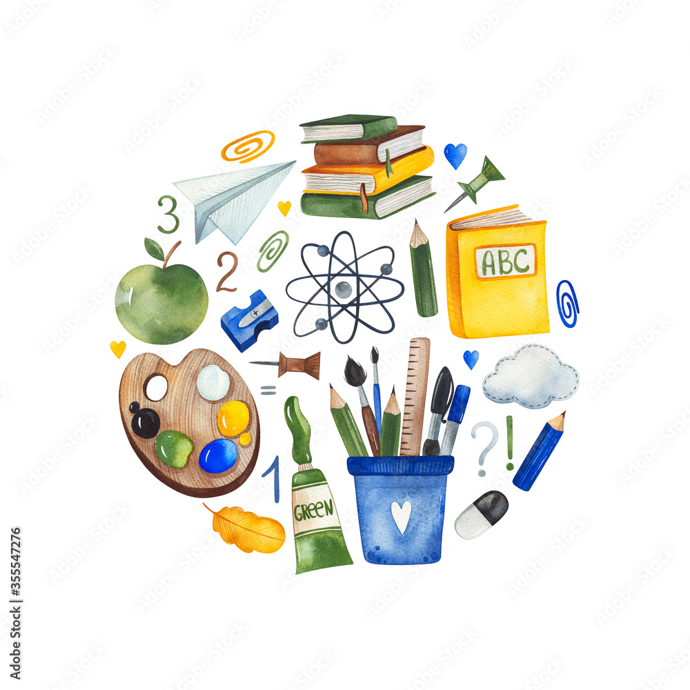 Watercolor teacher frame border with with apple,color palette, pencils ...