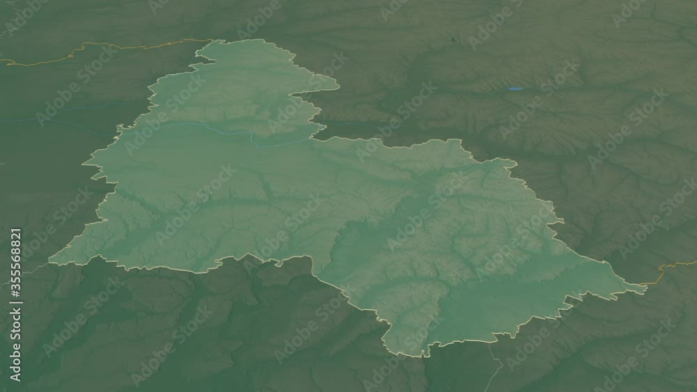 Sumy, region with its capital, zoomed and extruded on the relief map of ...