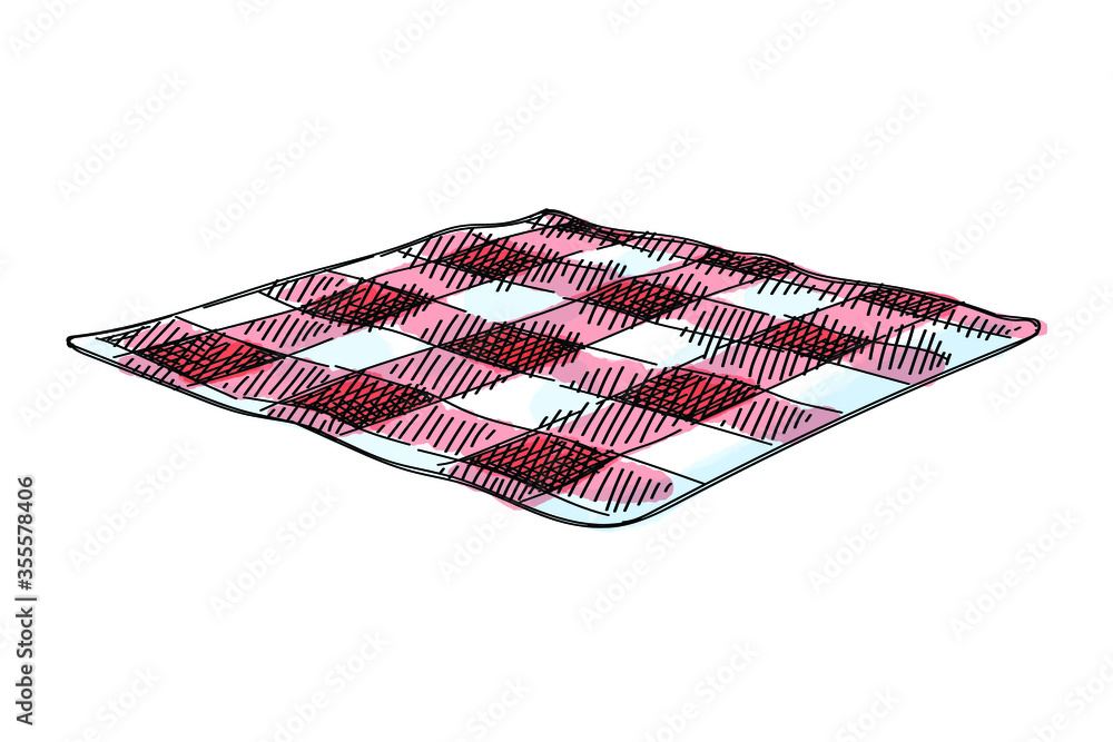 Watercolor colorful Hand-drawn sketch of a Checkered Picnic Blanket for ...