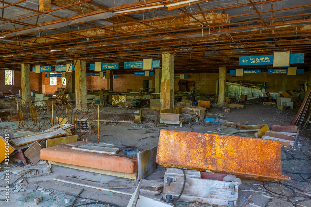 Broken convenience store inside of Pripyat town in the Ukraine Stock ...