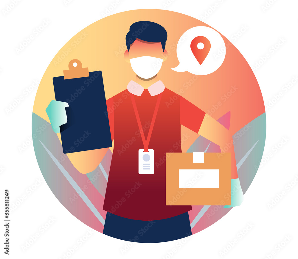 delivery man illustration who bring a box with board and pin location ...