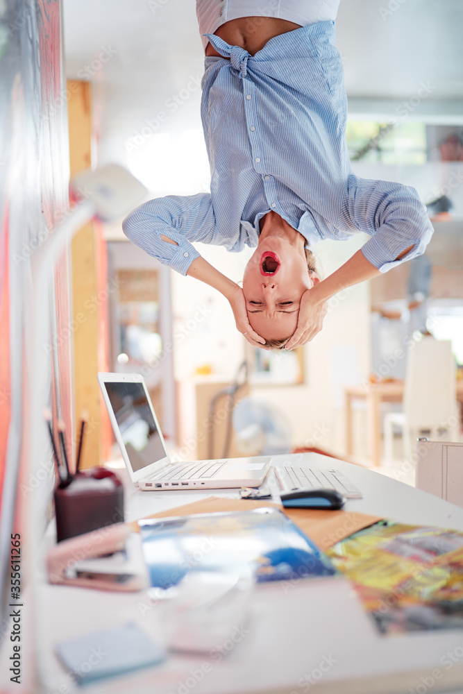 Hard work concept. Technology and business. Stressed young woman ...
