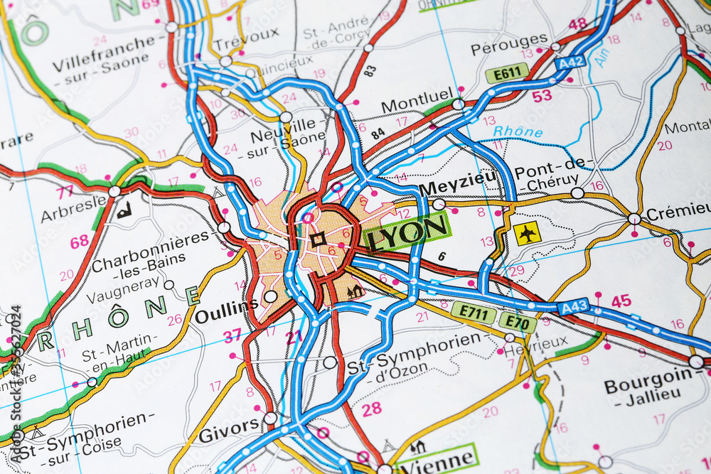 Lyon city road map area. Closeup macro view of Lyon in France Stock ...