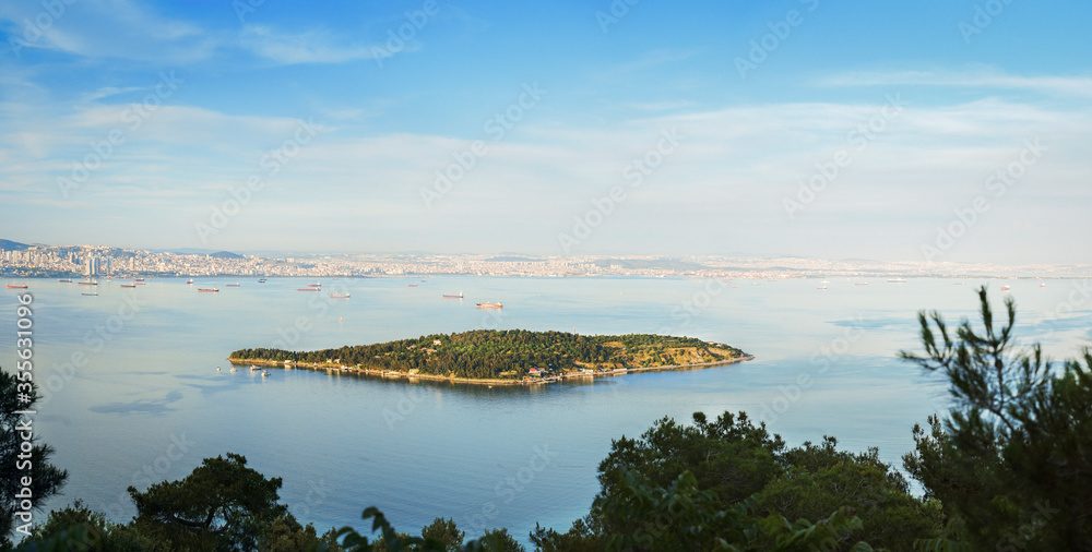 Panoramic view of Sedef Island (Mother of Pearl Island) framed by green ...