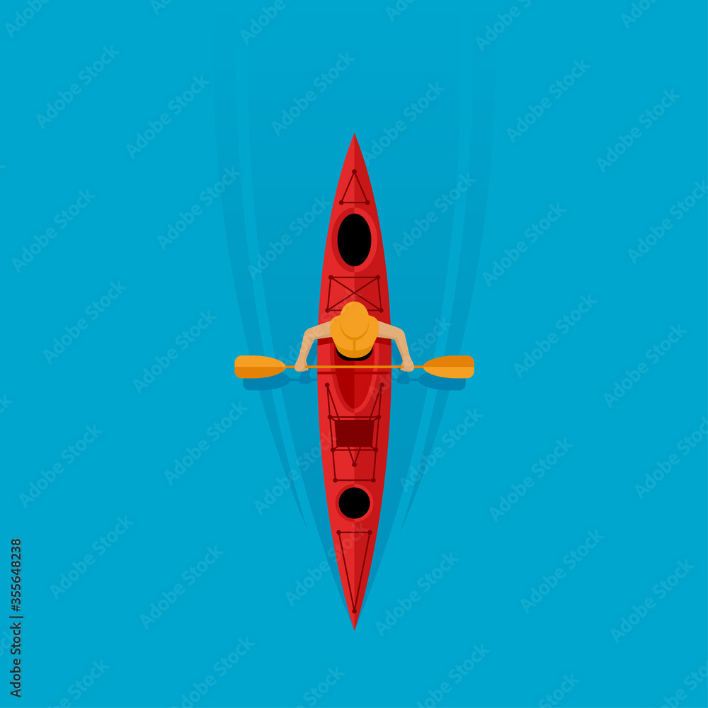Kayaking top view - oarsman boating on the river surface - vector ...