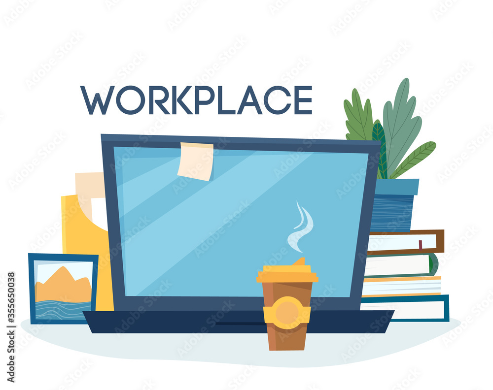 Workplace with computer, books, coffee, plant on white background. Flat ...