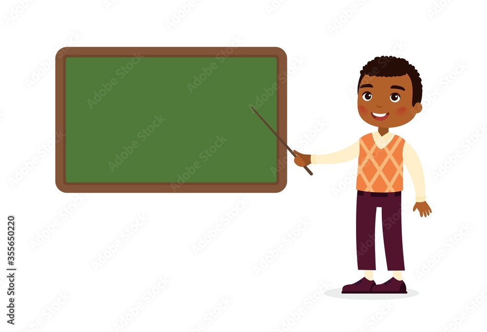 Dark skin male teacher standing near blackboard flat vector ...