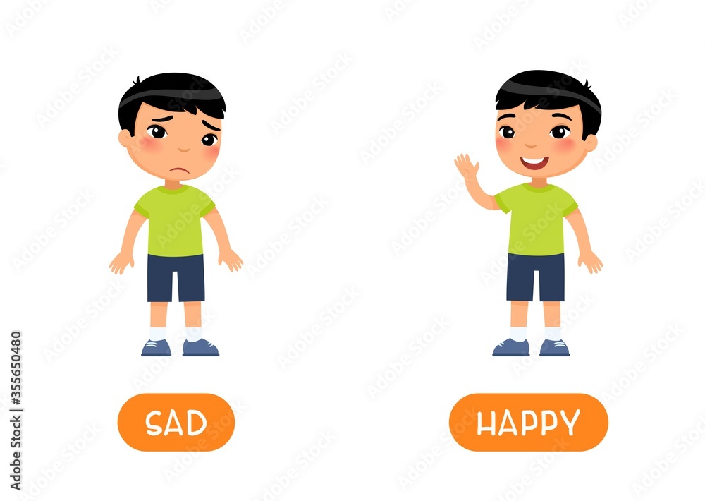 Opposites concept, HAPPY and SAD. Childish word card with opposites ...