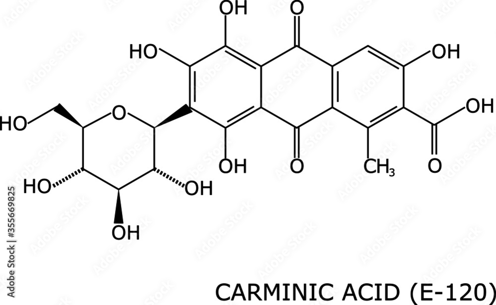 Carminic acid (E-120) molecular structure isolated on white background ...