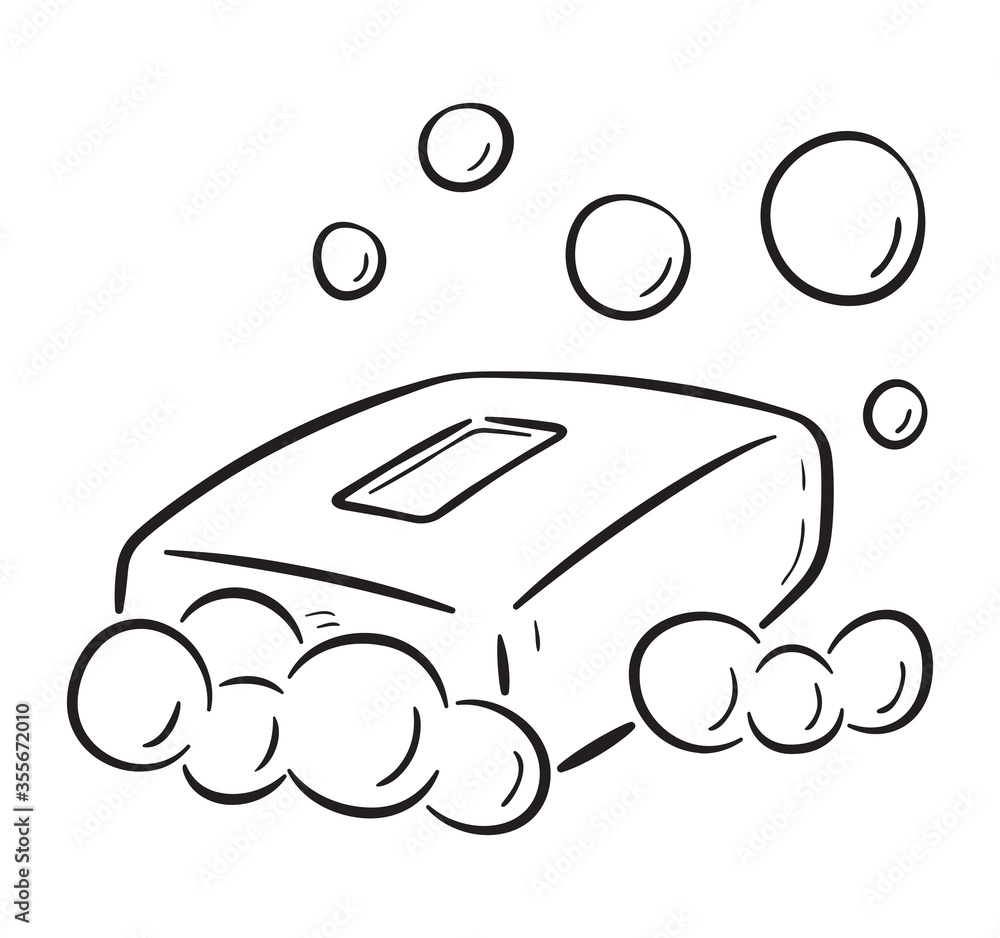 Black and white illustration of cartoon soap bar with bubbles. On white ...