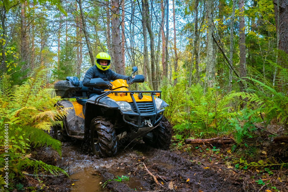 Man on a yellow ATV. A man riding a quad bike in the forest. ATV rides ...