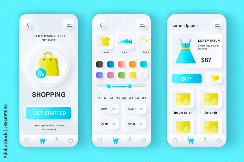 Shopping unique neumorphic design kit. Shopping app for clothing store ...