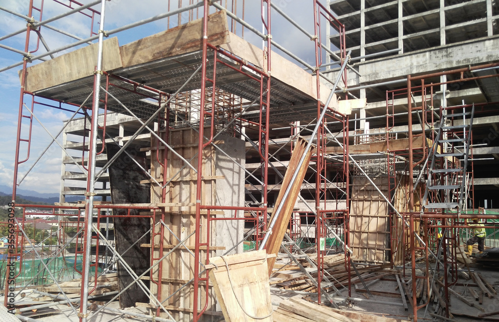 MALACCA, MALAYSIA -SEPTEMBER 19, 2016: Column timber formwork and ...