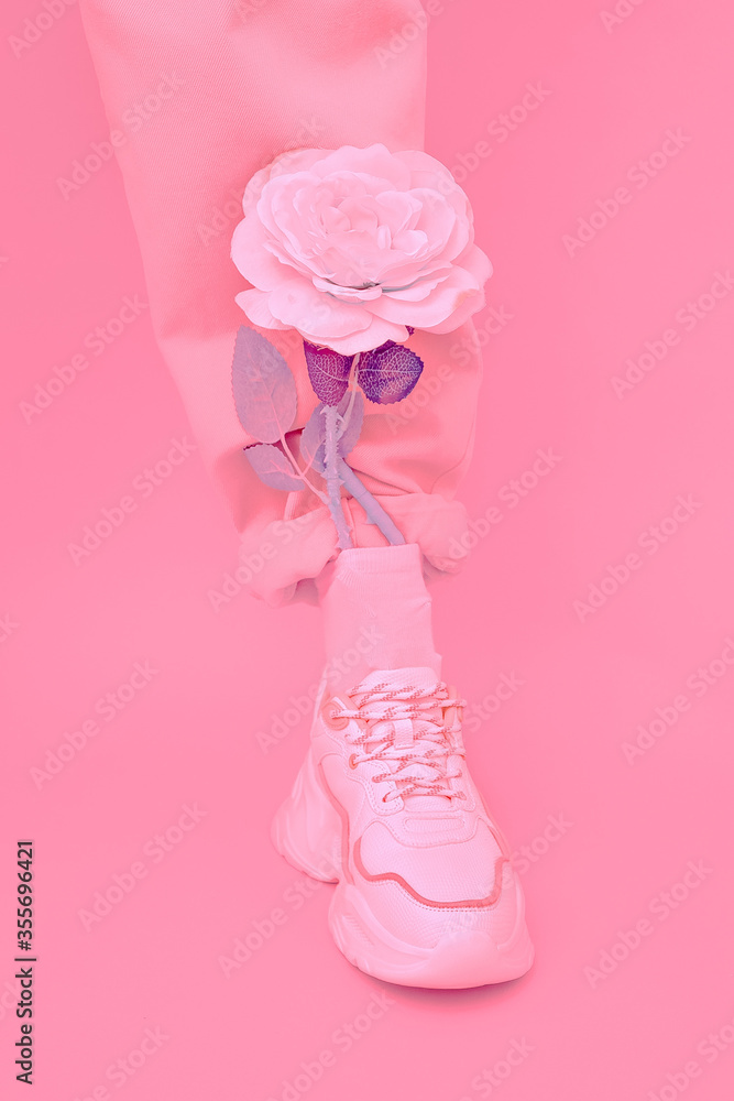 Fashion Shoes and flowers. Pink aesthetic monochrome design trends ...