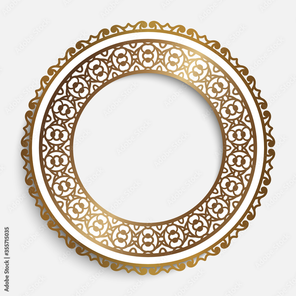 Vintage round frame with gold border pattern. Decorative golden label ...