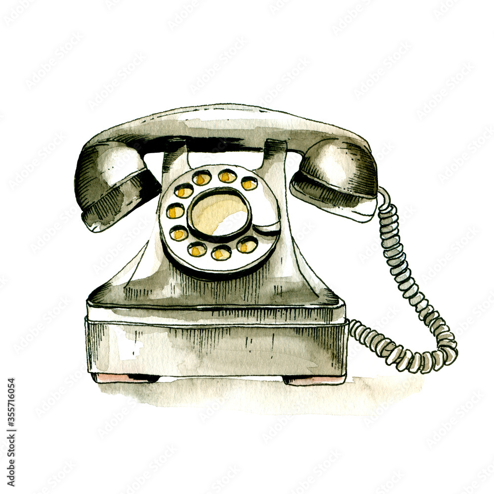 Watercolor retro phone. Sketch illustration vintage style, isolated on ...