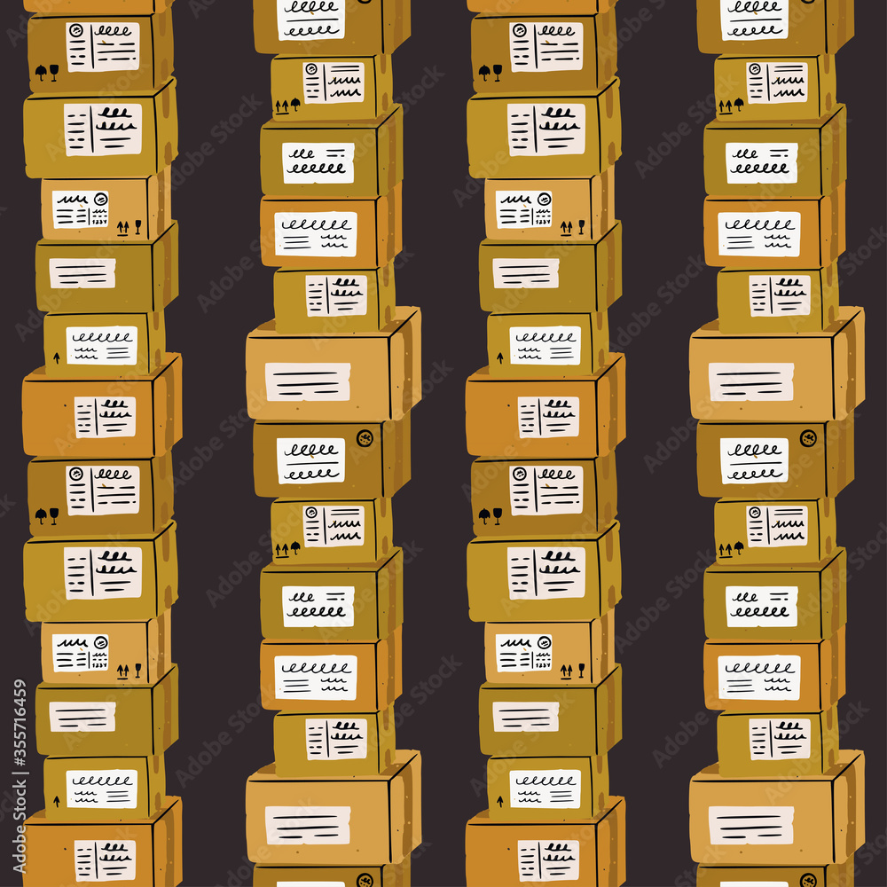 Seamless pattern with hand drawn carton boxes on dark background ...