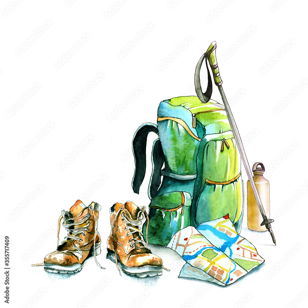 watercolor hiking walking travel set / hiking boots, walking stick ...