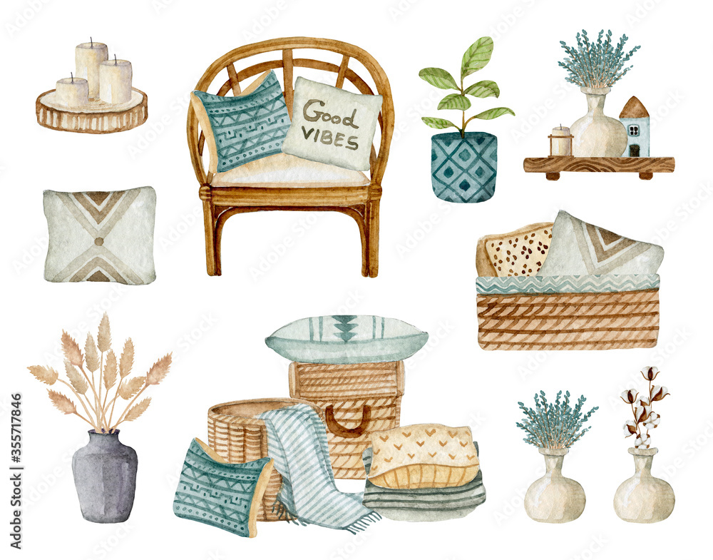 Home decor illustration. Cozy interior with house plants. Watercolor ...