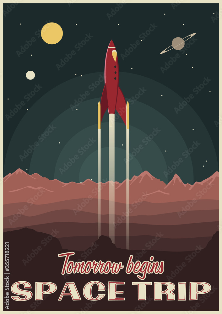 Retro Future Space Poster Stylization, Rocket launch, Alien Landscape ...