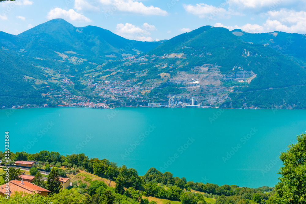 Tavernola Bergamasca viewed from Monte Isola in Italy Stock Photo ...
