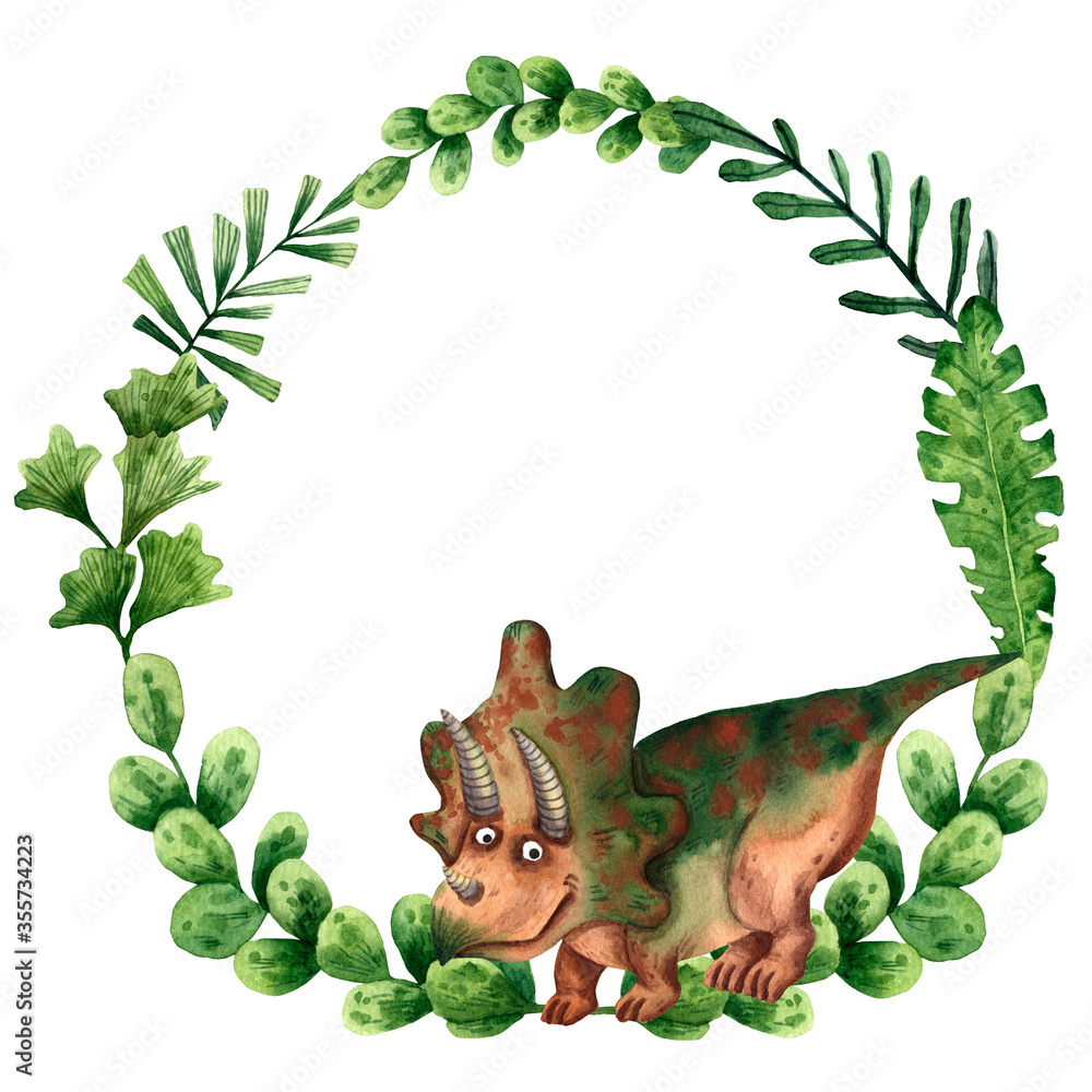 Hand drawn watercolor floral frame. Cute green dinosaur. Children ...