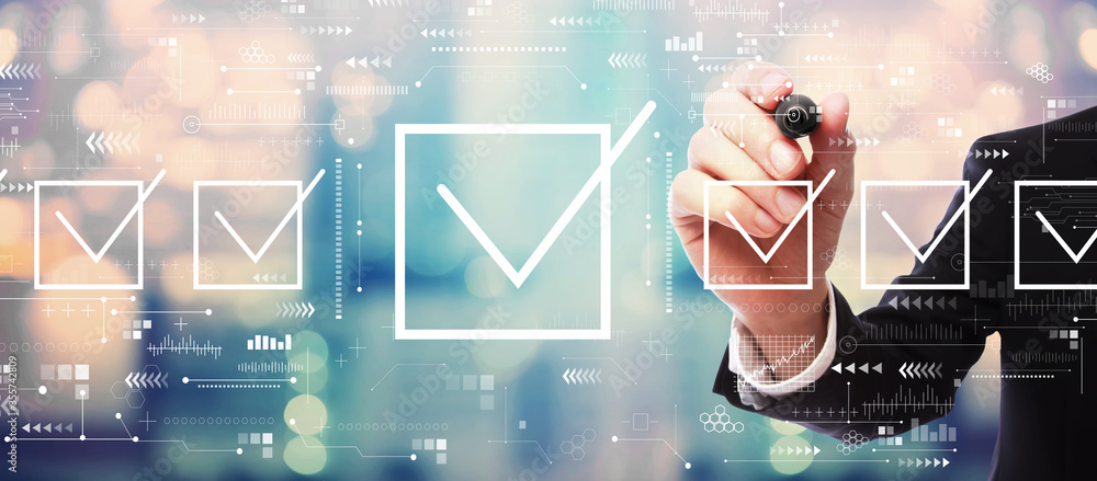 Checklist concept with businessman on blurred abstract background Stock ...