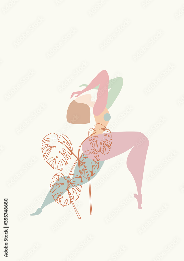 Woman color blocking figure with outline leaves Stock Vector | Adobe Stock