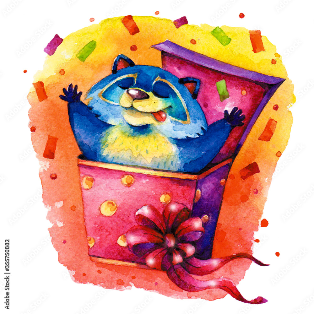 ภาพประกอบสต็อก Watercolor hand drawn illustration of cute raccoon jumping out of the gift box on ...