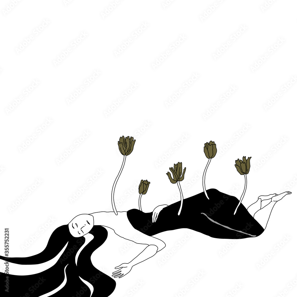 Dead girl with tulip flowers sprouting from her body. Goddess ...