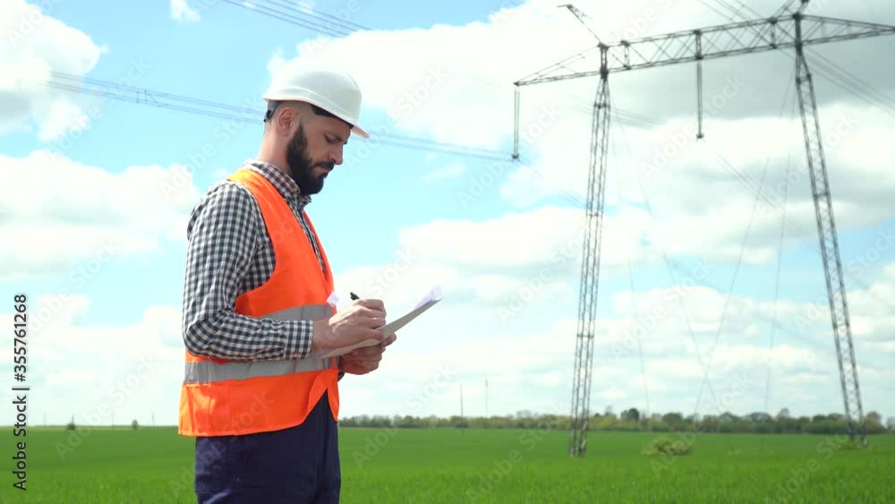 Engineer working near transmission lines. Electrical engineer checks ... Engineer working near transmission lines. Electrical engineer checks ...