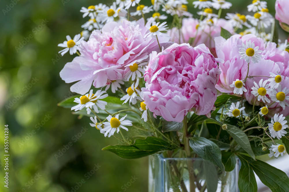 Blumenstrauß mit Pfingstrosen (Paeonia) und Kamille Stock 写真 | Adobe Stock