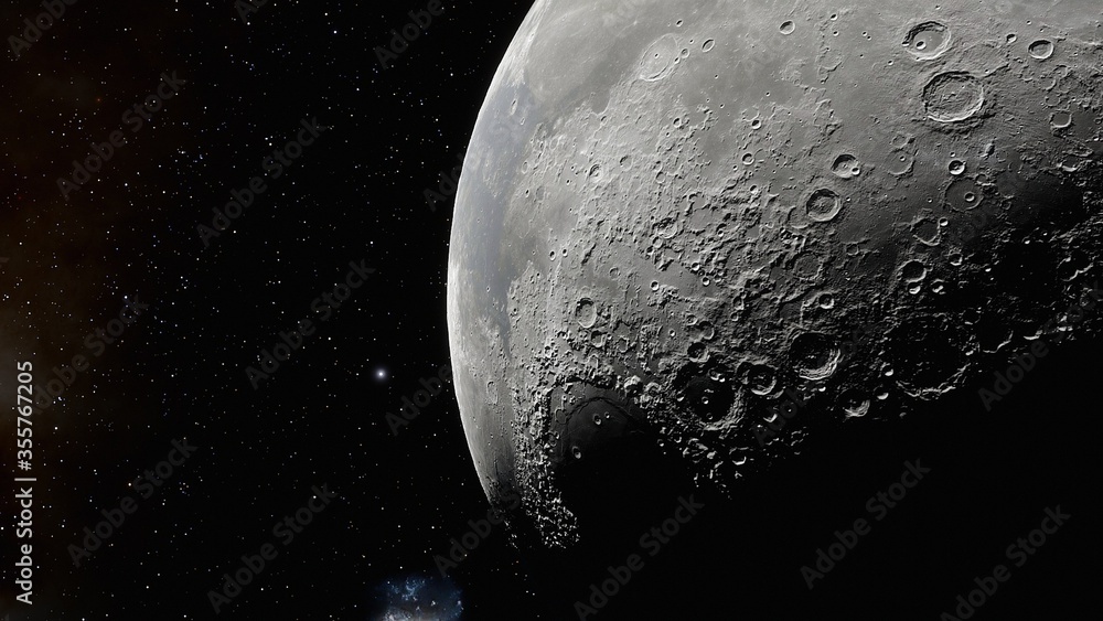 realistic moon in space, realistic moon surface, moon craters 3d render ...