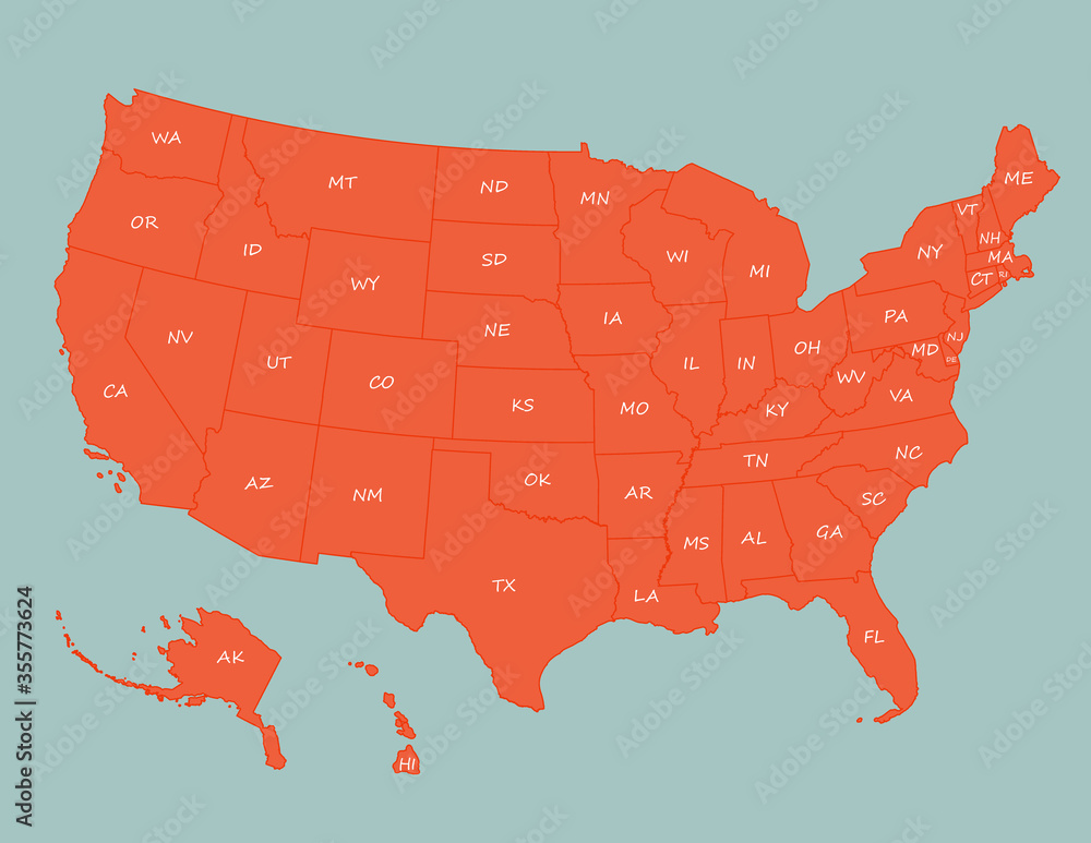 Orange United States Of America Map With Labels On Green Background ...