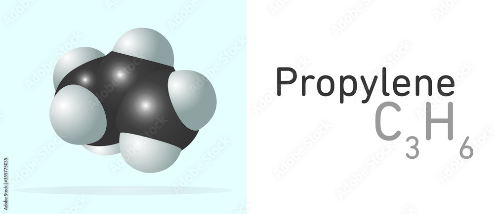 Propylene, Propene (C3H6) gas molecule. Space filling model. Structural ...