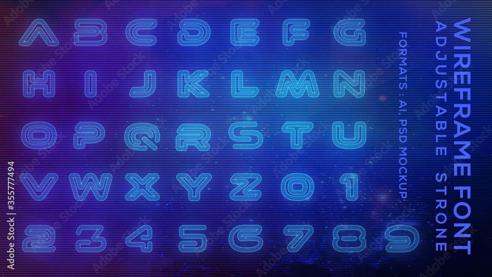 Wireframe font , lines letters, alphabet, abc, a to z, 0 to 9 ...
