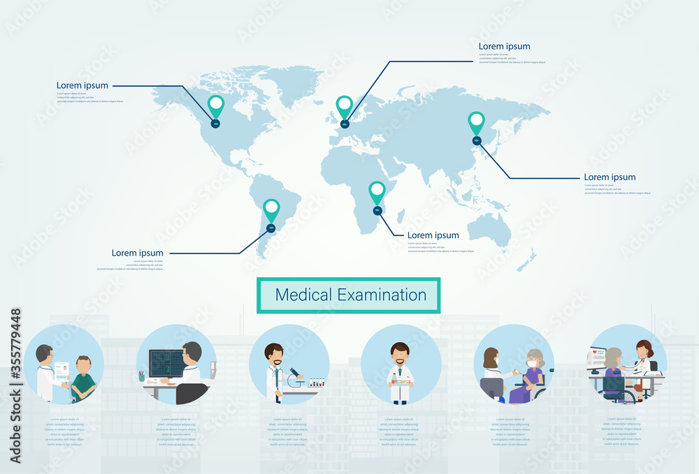 Medical examination infographic with doctors and patients flat design ...
