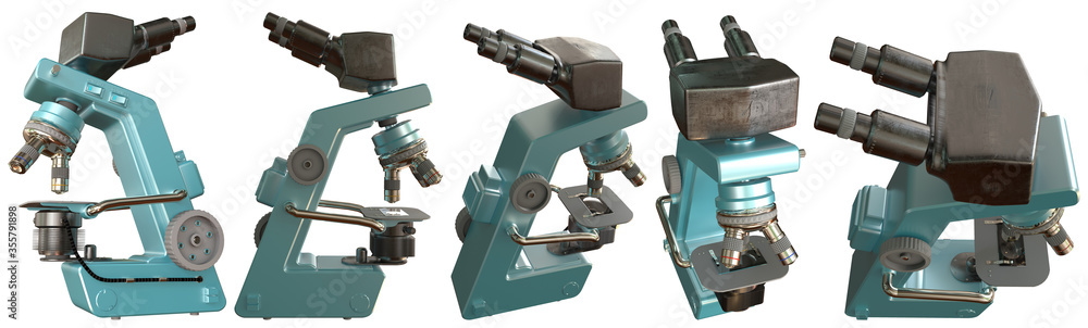 renders of blue professional microscope with fictive design isolated on ...