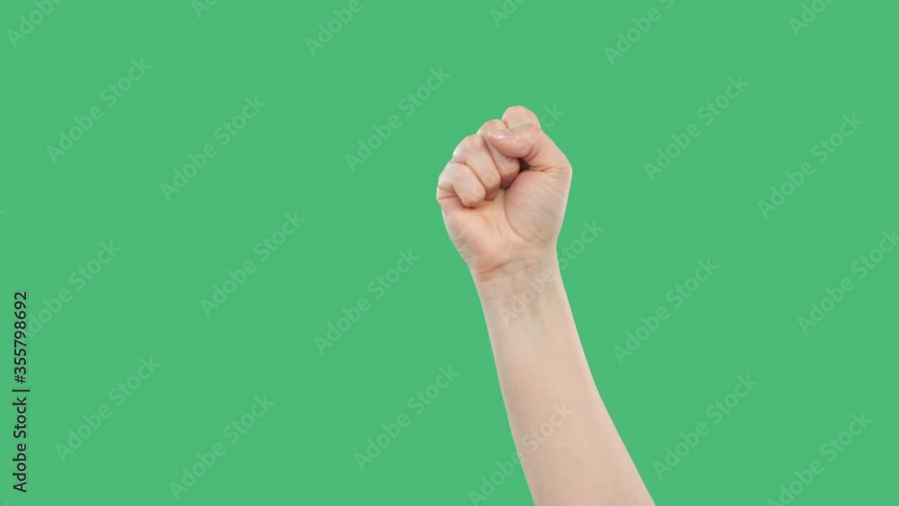 Human raised hand clenched in fist on green screen chroma key ...