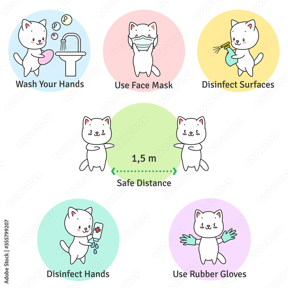 Set of virus prevention icons. Illustration of little cute kittens ...