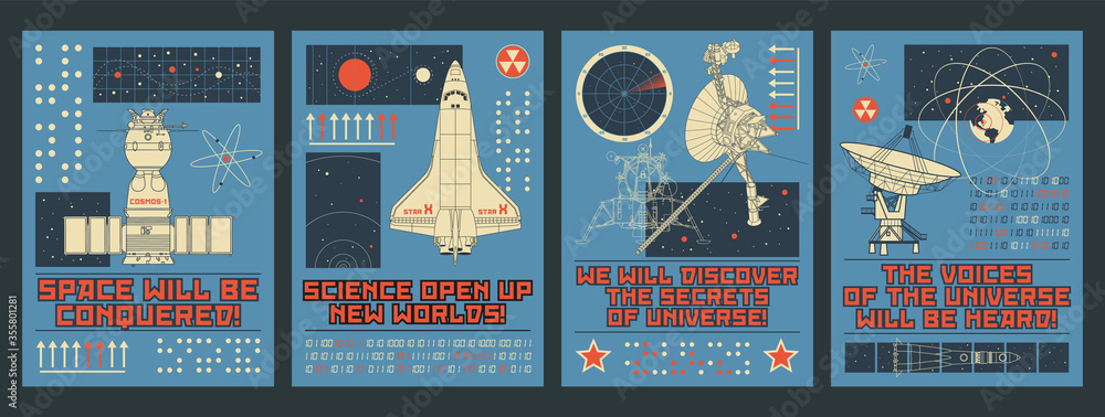 Retro Astronautics Propaganda Poster Stylization, Spacecraft, Satellite ...
