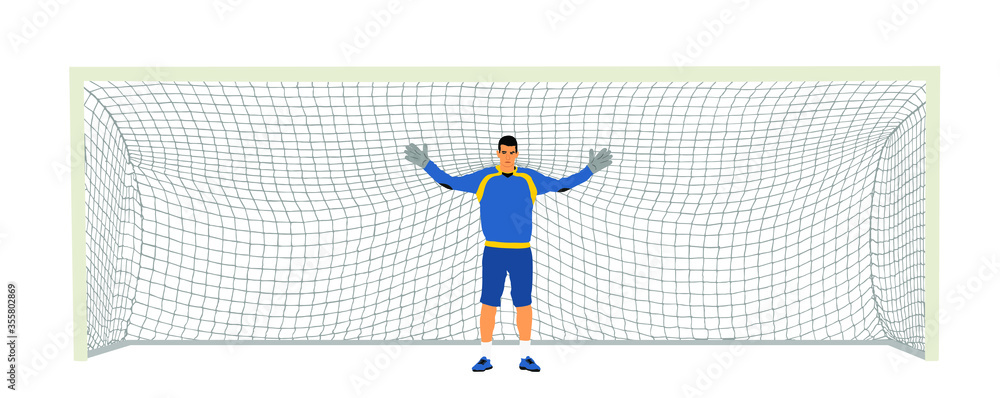 Soccer goalkeeper in front of goal net vector illustration. Football ...