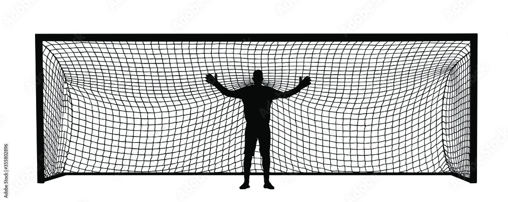 Soccer goalkeeper in front of goal net vector silhouette illustration ...